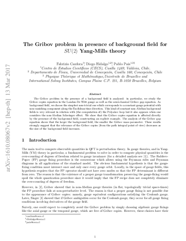 (PDF) The Gribov problem in presence of background field for SU(2) Yang–Mills theory