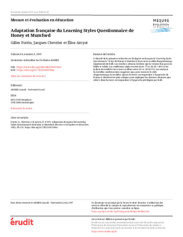 (PDF) Adaptation française du Learning Styles Questionnaire de Honey et ...
