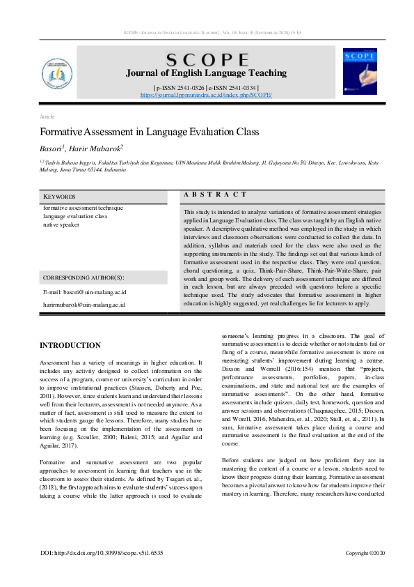 (PDF) Formative Assessment in Language Evaluation Class | Harir Mubarok - Academia.edu