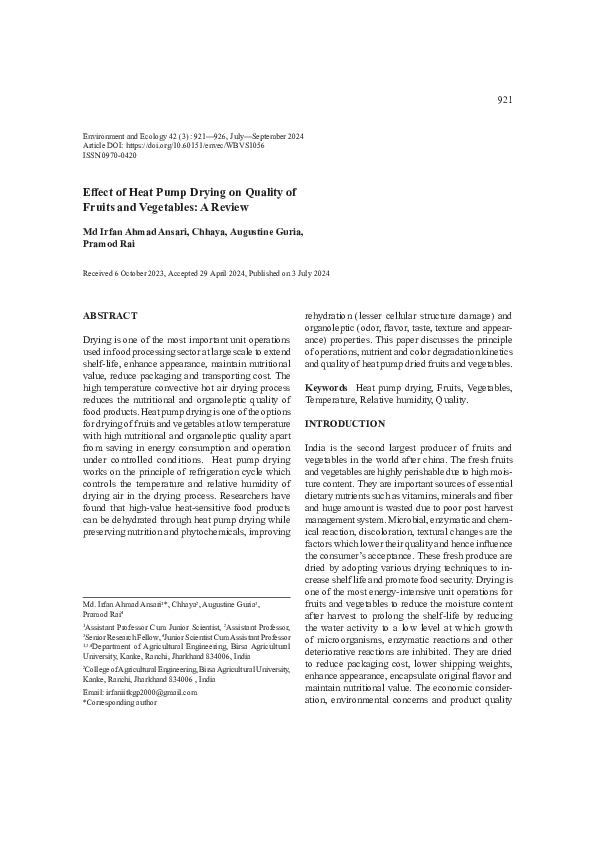 (PDF) Effect of Heat Pump Drying on Quality of Fruits and Vegetables: A Review