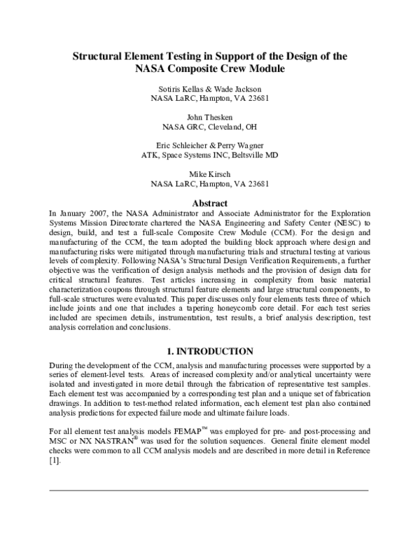(PDF) Structural Element Testing in Support of the Design of the NASA ...