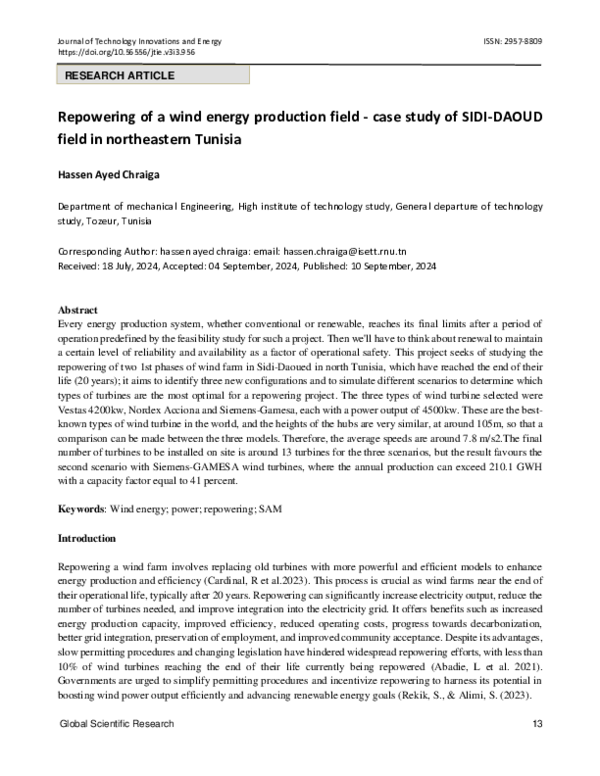 (PDF) Repowering of a wind energy production field -case study of SIDI-DAOUD field in ...