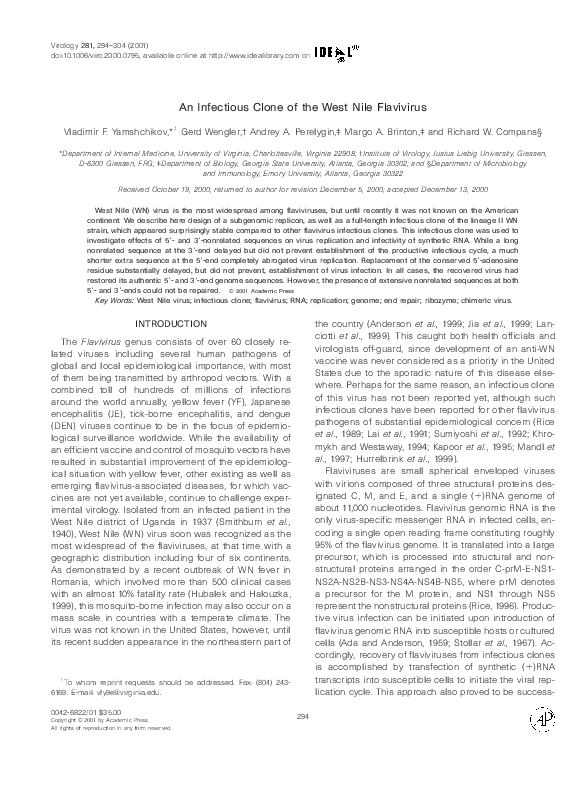 (PDF) An infectious clone of the West Nile flavivirus