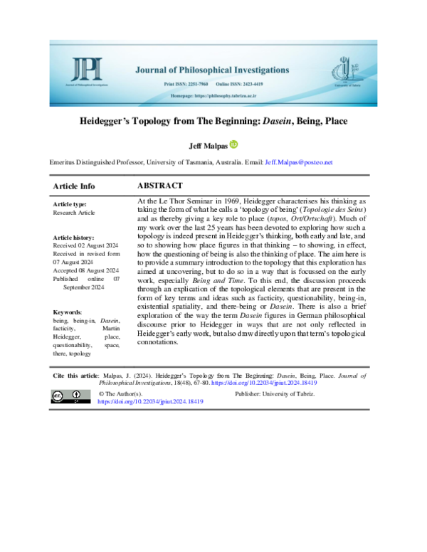 (PDF) Heidegger's Topology from The Beginning: Dasein, Being, Place