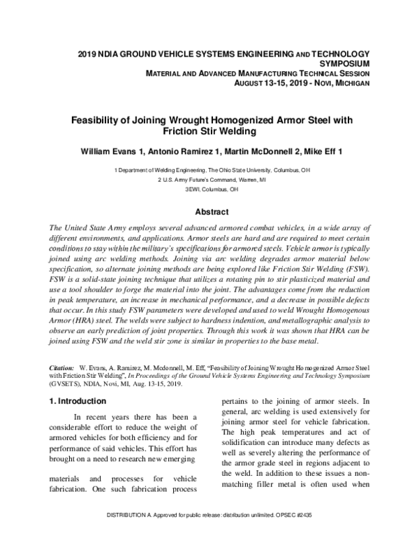 (PDF) Feasibility of Joining Wrought Homogenized Armor Steel with ...