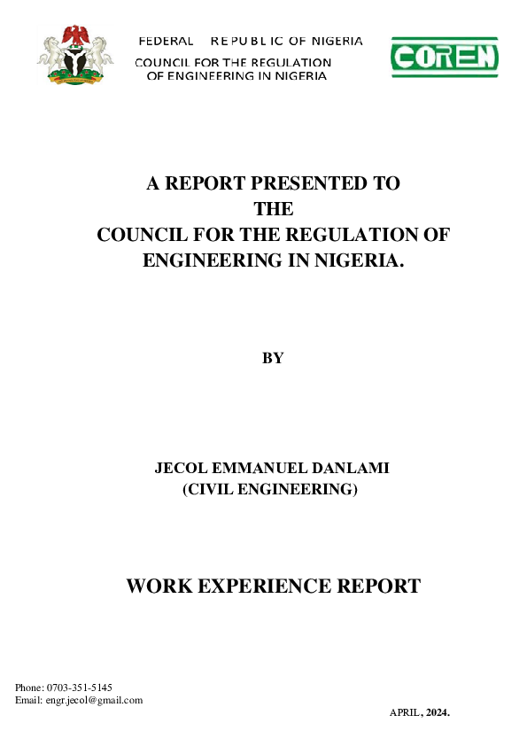 (PDF) A REPORT PRESENTED TO THE COUNCIL FOR THE REGULATION OF ENGINEERING IN NIGERIA