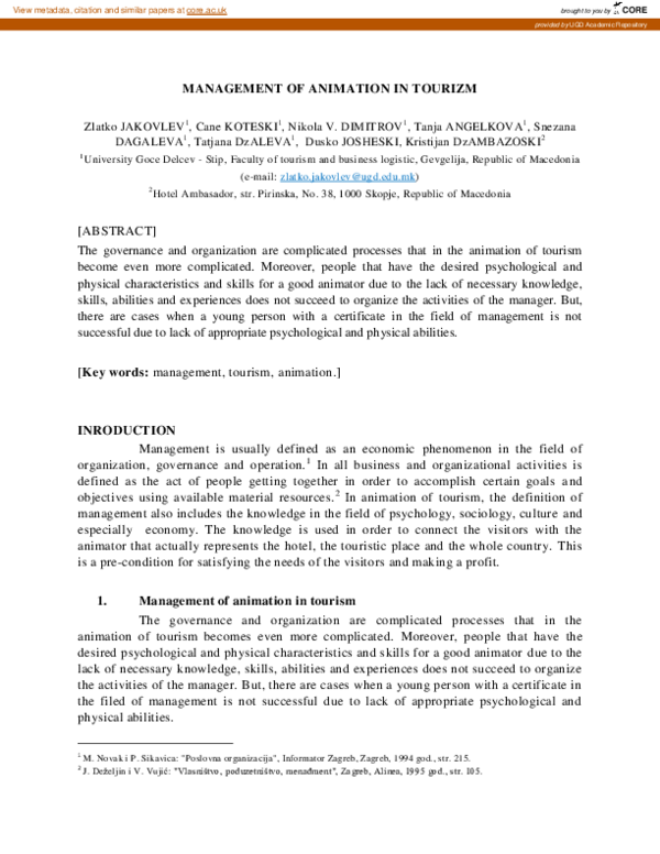 (PDF) Management of Animation in Tourism