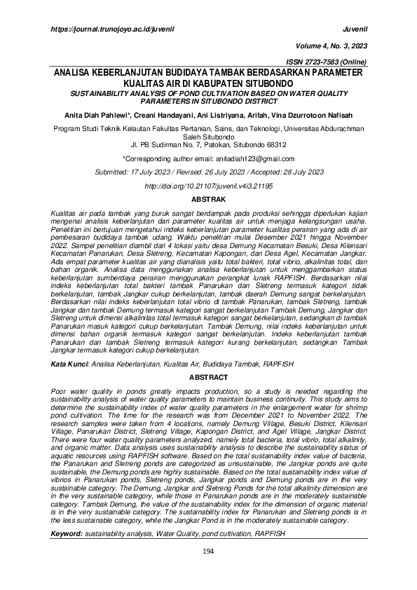 (PDF) Analisa Keberlanjutan Budidaya Tambak Berdasarkan Parameter Kualitas Air di Kabupaten ...