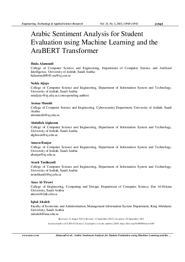 (PDF) Arabic Sentiment Analysis for Student Evaluation using Machine Learning and the AraBERT ...