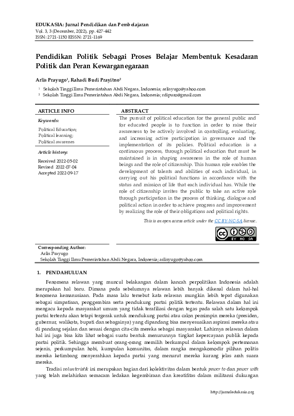 (PDF) Pendidikan Politik Sebagai Proses Belajar Membentuk Kesadaran ...