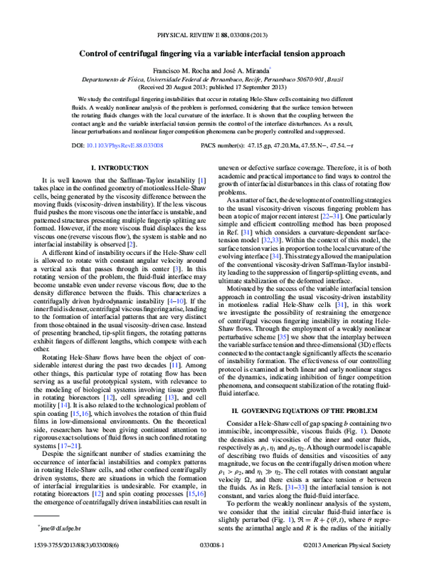 (PDF) Control of centrifugal fingering via a variable interfacial tension approach