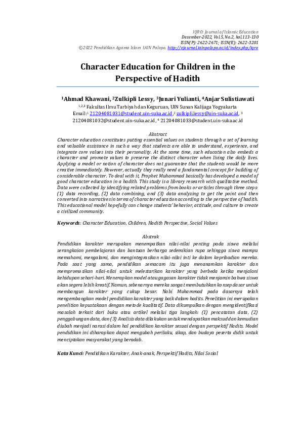 (PDF) Character Education for Children in the Perspective of Hadith