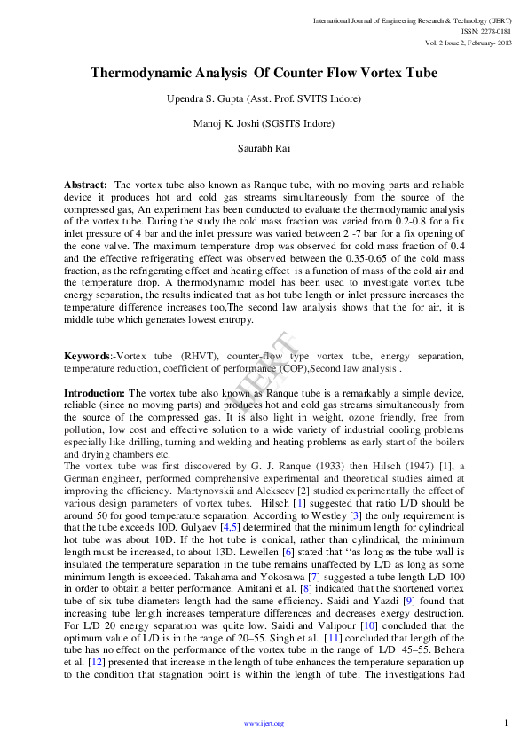 (PDF) Thermodynamic Analysis Of Counter Flow Vortex Tube