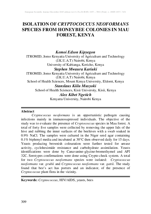Pdf Isolation Of Cryptococcus Neoformans Species From Honeybee Colonies In Mau Forest Kenya