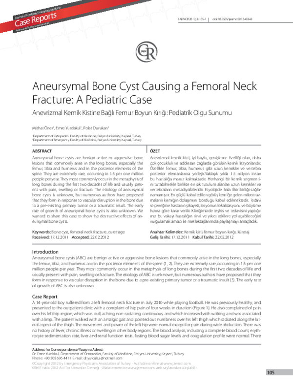 (PDF) Aneursymal Bone Cyst Causing a Femoral Neck Fracture: A Pediatric ...