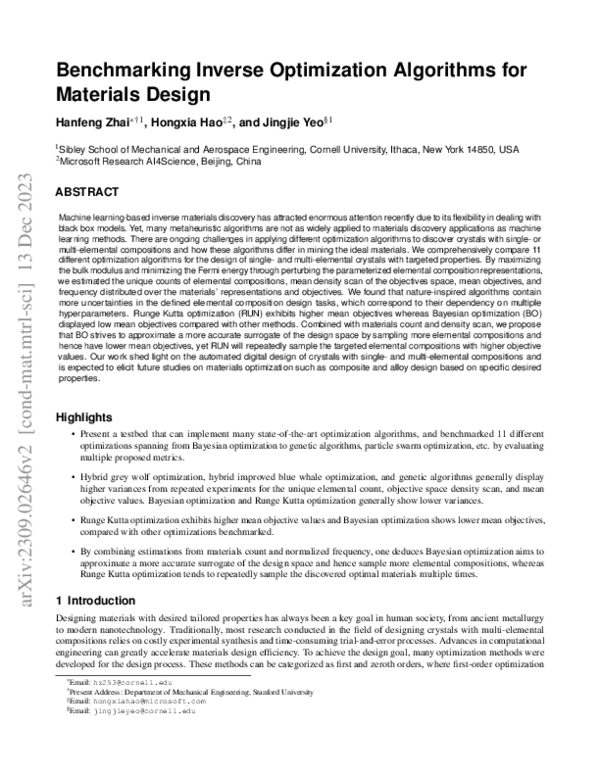 (PDF) Benchmarking Inverse Optimization Algorithms for Materials Design