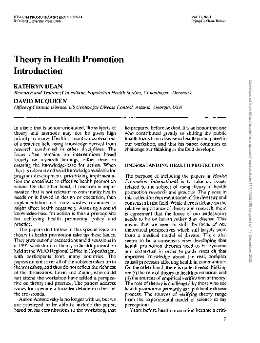 (PDF) Theory in Health Promotion Introduction
