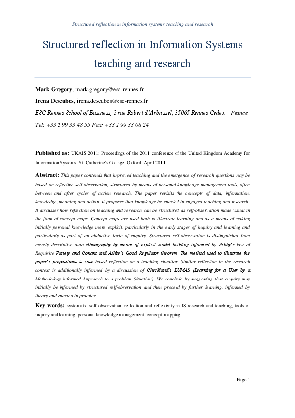 (PDF) (Gregory & Descubes 2011) Structured reflection in information ...