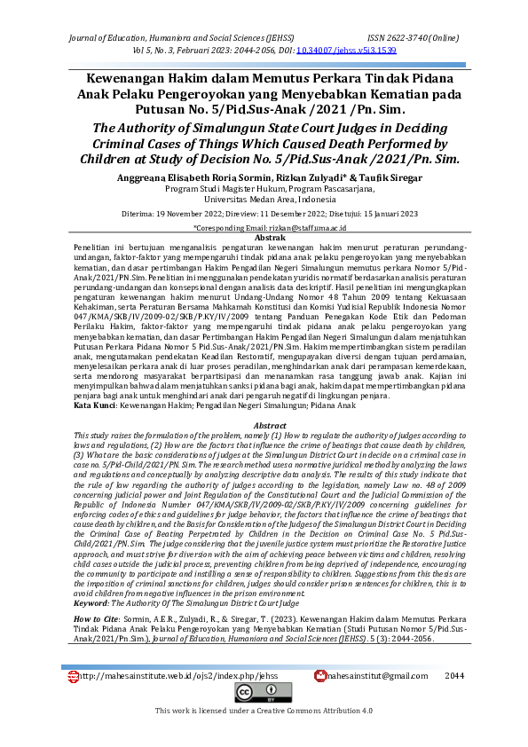 (PDF) Kewenangan Hakim dalam Memutus Perkara Tindak Pidana Anak Pelaku Pengeroyokan yang ...