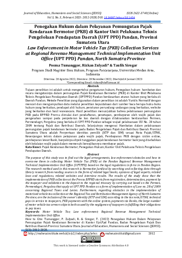 (PDF) Penegakan Hukum dalam Pelayanan Pemungutan Pajak Kendaraan Bermotor (PKB) di Kantor Unit ...
