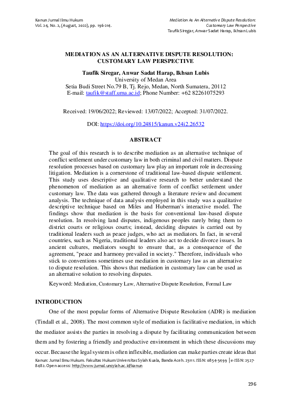 (PDF) Mediation in Customary Law as an Alternative Method of Dispute ...