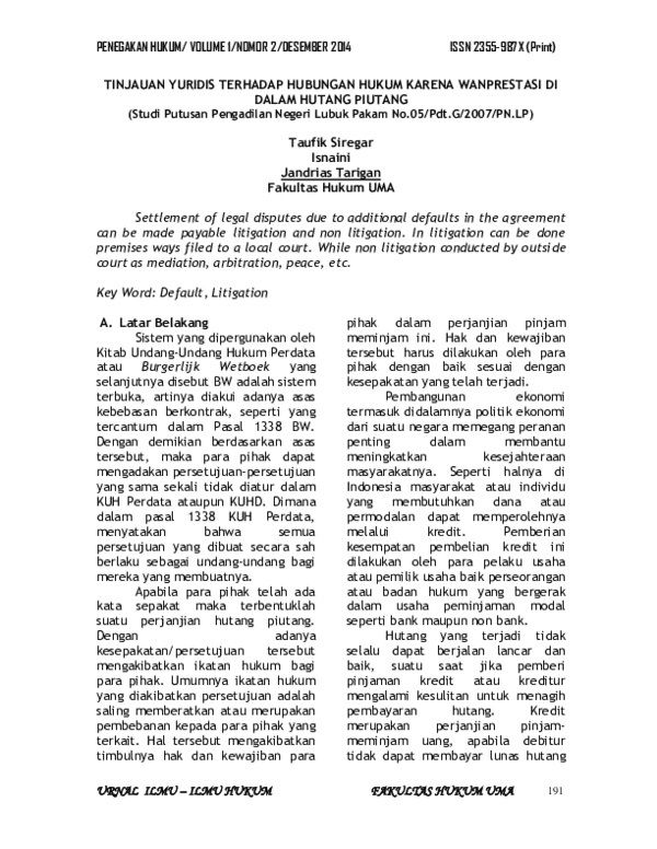 (PDF) TINJAUAN YURIDIS TERHADAP HUBUNGAN HUKUM KARENA WANPRESTASI DI DALAM HUTANG PIUTANG (Studi ...
