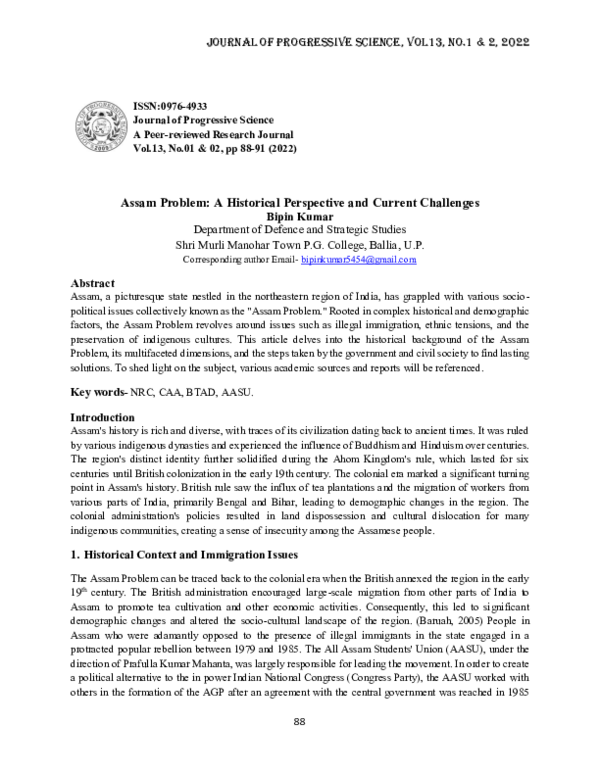 (PDF) Assam Problem: A Historical Perspective and Current Challenges