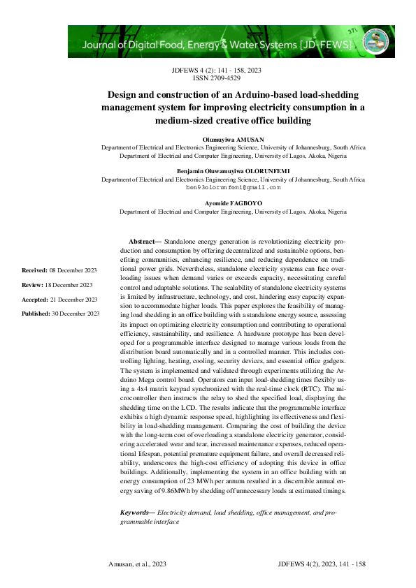 Pdf Design And Construction Of An Arduino Based Load Shedding Management System For Improving