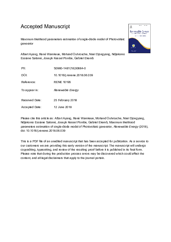Pdf Maximum Likelihood Parameters Estimation Of Single Diode Model Of Photovoltaic Generator