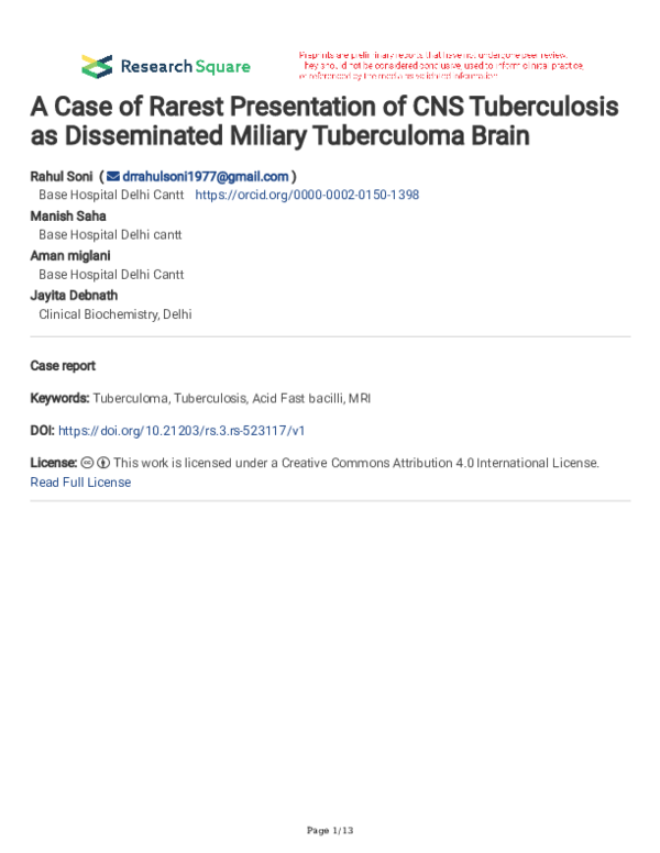 (PDF) A Case of Rarest Presentation of CNS Tuberculosis as Disseminated ...