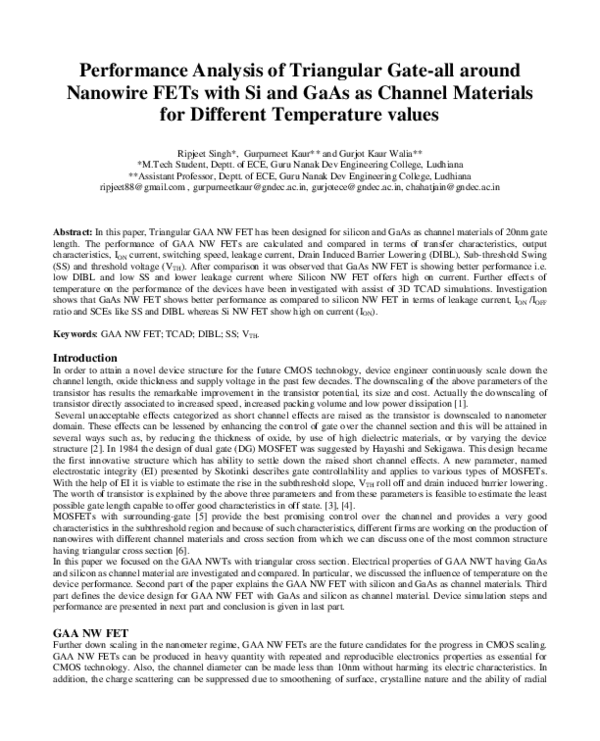 (PDF) Performance Analysis of Triangular Gate-all around Nanowire FETs with Si and GaAs as ...