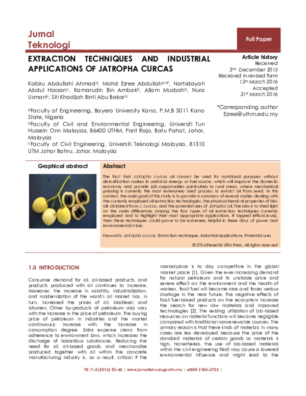 (PDF) Extraction Techniques and Industrial Applications of Jatropha Curcas