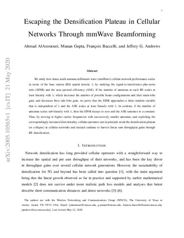 (PDF) Escaping the Densification Plateau in Cellular Networks Through mmWave Beamforming