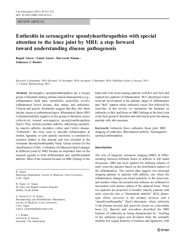 (PDF) Enthesitis in seronegative spondyloarthropathies with special ...