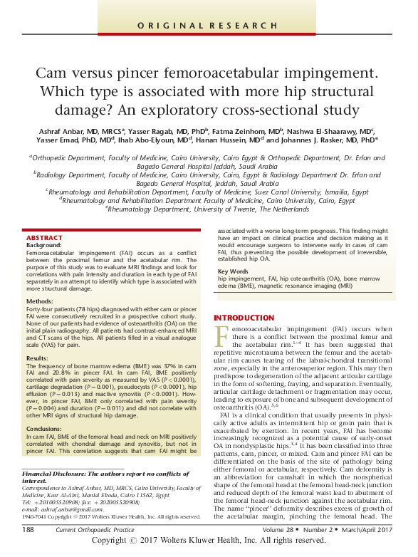 (PDF) Cam versus pincer femoroacetabular impingement. Which type is ...