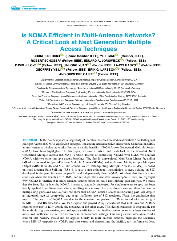 (PDF) Is NOMA Efficient in Multi-Antenna Networks? A Critical Look at Next Generation Multiple ...