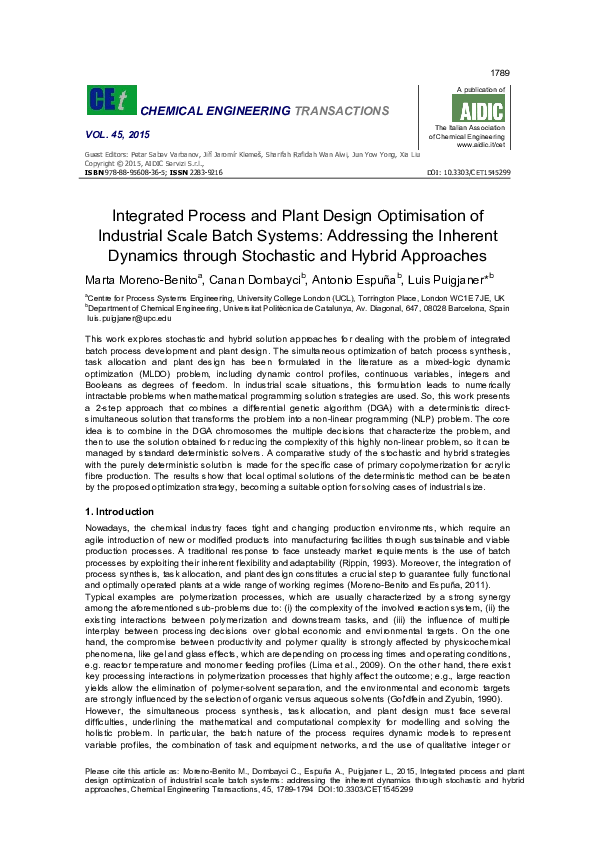 (PDF) Integrated Process and Plant Design Optimisation of Industrial Scale Batch Systems ...
