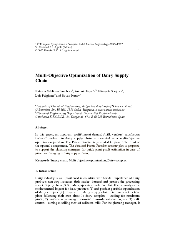 Pdf Multi Objective Optimization Of Dairy Supply Chain