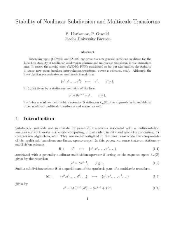 (PDF) Stability of Nonlinear Subdivision and Multiscale Transforms
