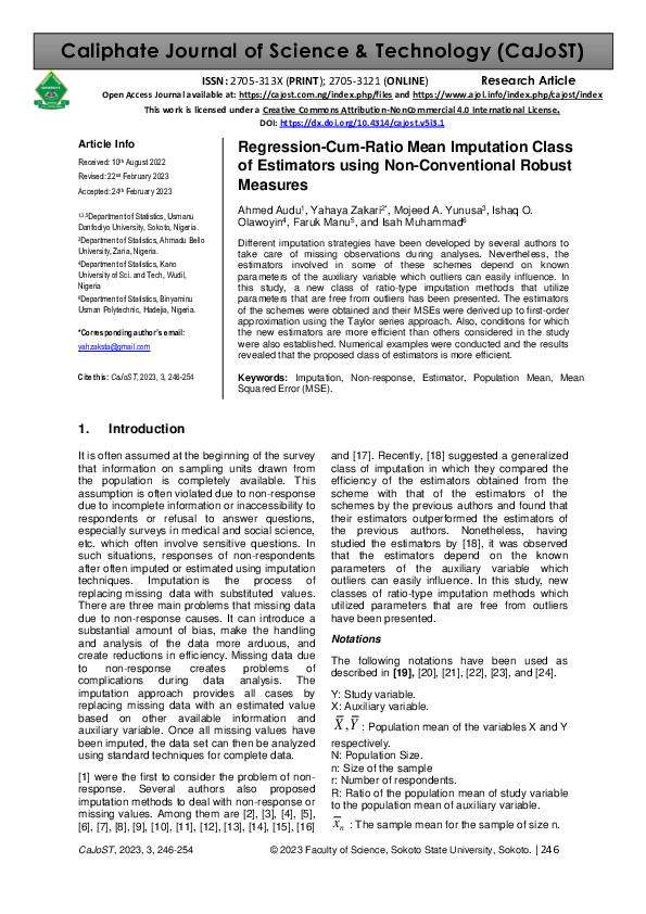 Pdf Regression Cum Ratio Mean Imputation Class Of Estimators Using