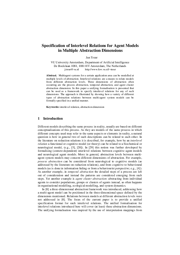(PDF) Specification of Interlevel Relations for Agent Models in Multiple Abstraction Dimensions