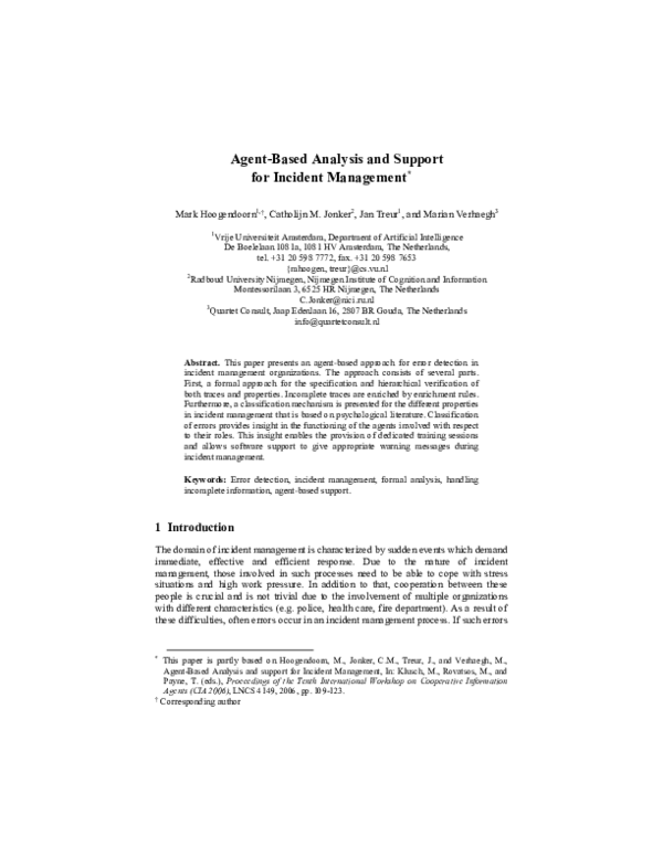 (PDF) Agent-based analysis and support for incident management