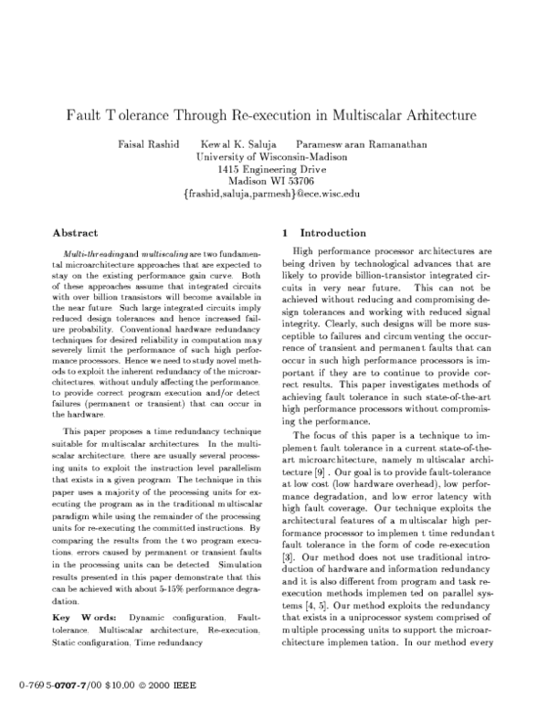(PDF) Fault tolerance through re-execution in multiscalar architecture