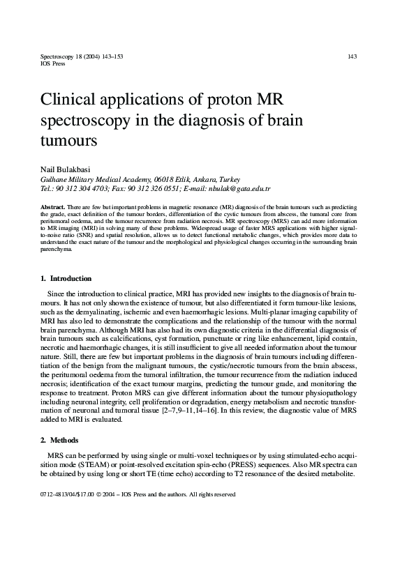 (PDF) Clinical applications of proton MR spectroscopy in the diagnosis ...