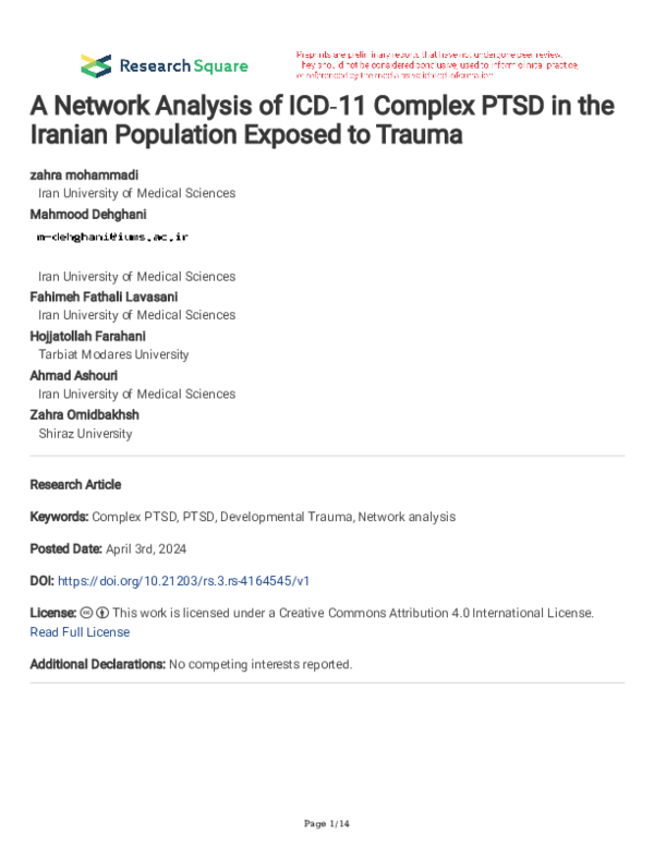 (PDF) A Network Analysis of ICD‐11 Complex PTSD in the Iranian ...