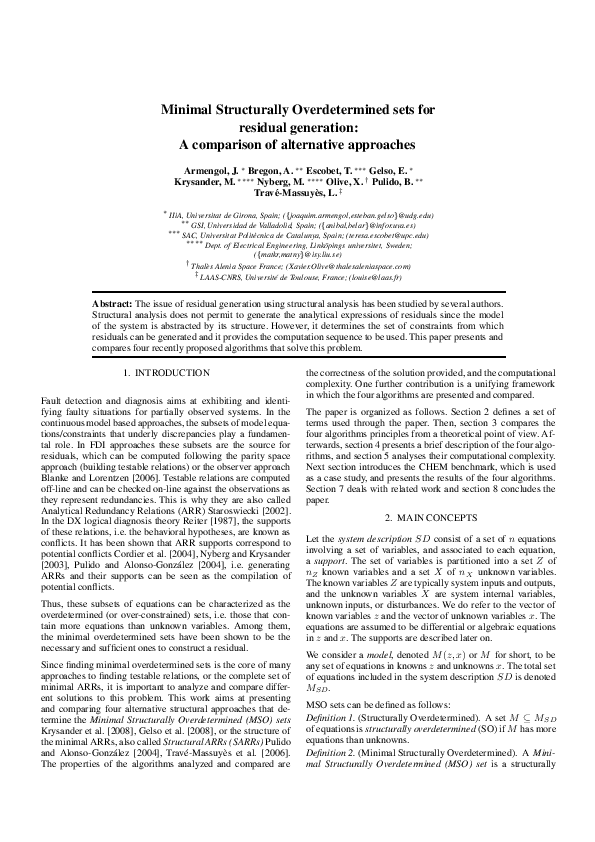 (PDF) Minimal structurally overdetermined sets for residual generation ...