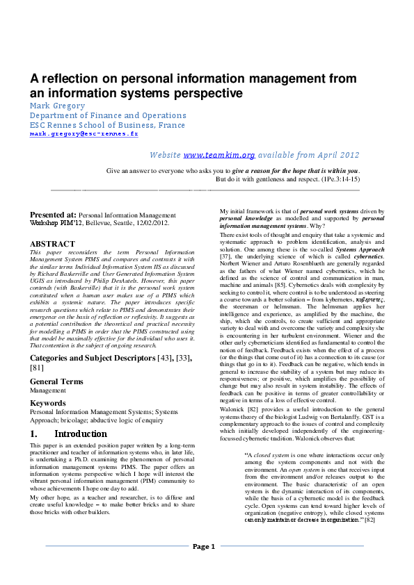 Pdf A Reflection On Personal Information Management Systems Final