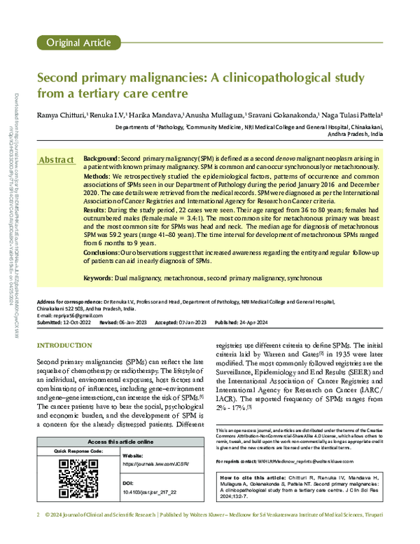 (PDF) Second primary malignancies: A clinicopathological study from a ...