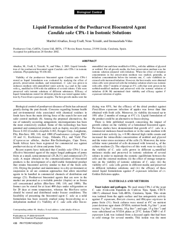 (PDF) Liquid Formulation of the Postharvest Biocontrol Agent Candida ...