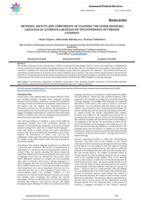 (PDF) METHODS, ASPECTS AND COMPONENTS OF TEACHING THE UZBEK (RUSSIAN ...
